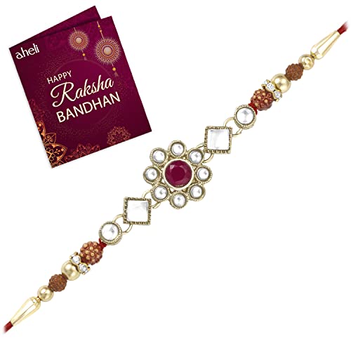 Aheli Kundan Stone Rakhi for Brother with Raksha Bandhan Greeting Card