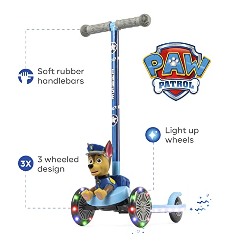 Paw Patrol Chase Kick Scooter for Kids, Self-Balancing 3 Wheeled Light Up Scooter with Extra Wide Anti-Slip Deck, Rear Brake, Lean to Steer, Lightweight Design, for Kids 3 and up, 75 LB Limit