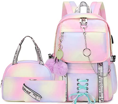 Spotted Tiger School Backpack for Girls Backpack with Lunch Box Aesthetic Backpack for Teen Girl Backpack School Bag Bookbag (Pink)