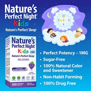 Nature's Perfect Night Kids | Kids Melatonin 1mg | 100 Chewable Tablets | Natural Grape Flavor | Sugar Free | Vegan | Gluten Free | Drug Free | Value Size