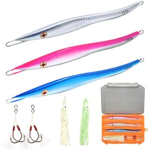 hnyy glow lead jigs artificial jigs metal jigs saltwater jigs 150g 3pcs with assist hooks & split rings & jig skirt & tackle storage box