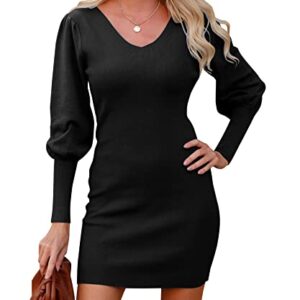 BTFBM Women 2023 Pullover Sweater Dress V Neck Long Sleeve Bodycon Embroidered Back Party Rib Knit Mini Fall Dresses(Solid Black, Medium)