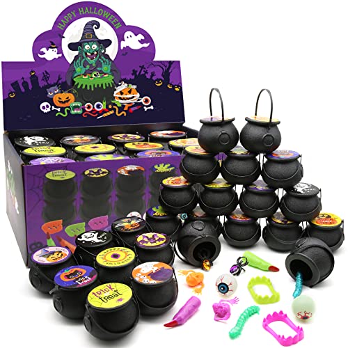 SURCVIO 144 PCS Halloween Party Favors 24 Pack Prefilled Small Plastic Witch Cauldron Halloween Toys in Bulk Halloween Prizes Gifts Miniatures for Kids Trick or Treat Halloween Party Prizes Toys