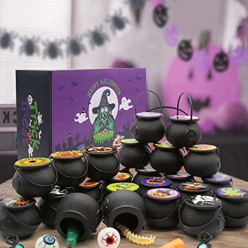 SURCVIO 144 PCS Halloween Party Favors 24 Pack Prefilled Small Plastic Witch Cauldron Halloween Toys in Bulk Halloween Prizes Gifts Miniatures for Kids Trick or Treat Halloween Party Prizes Toys