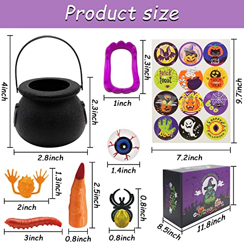 SURCVIO 144 PCS Halloween Party Favors 24 Pack Prefilled Small Plastic Witch Cauldron Halloween Toys in Bulk Halloween Prizes Gifts Miniatures for Kids Trick or Treat Halloween Party Prizes Toys