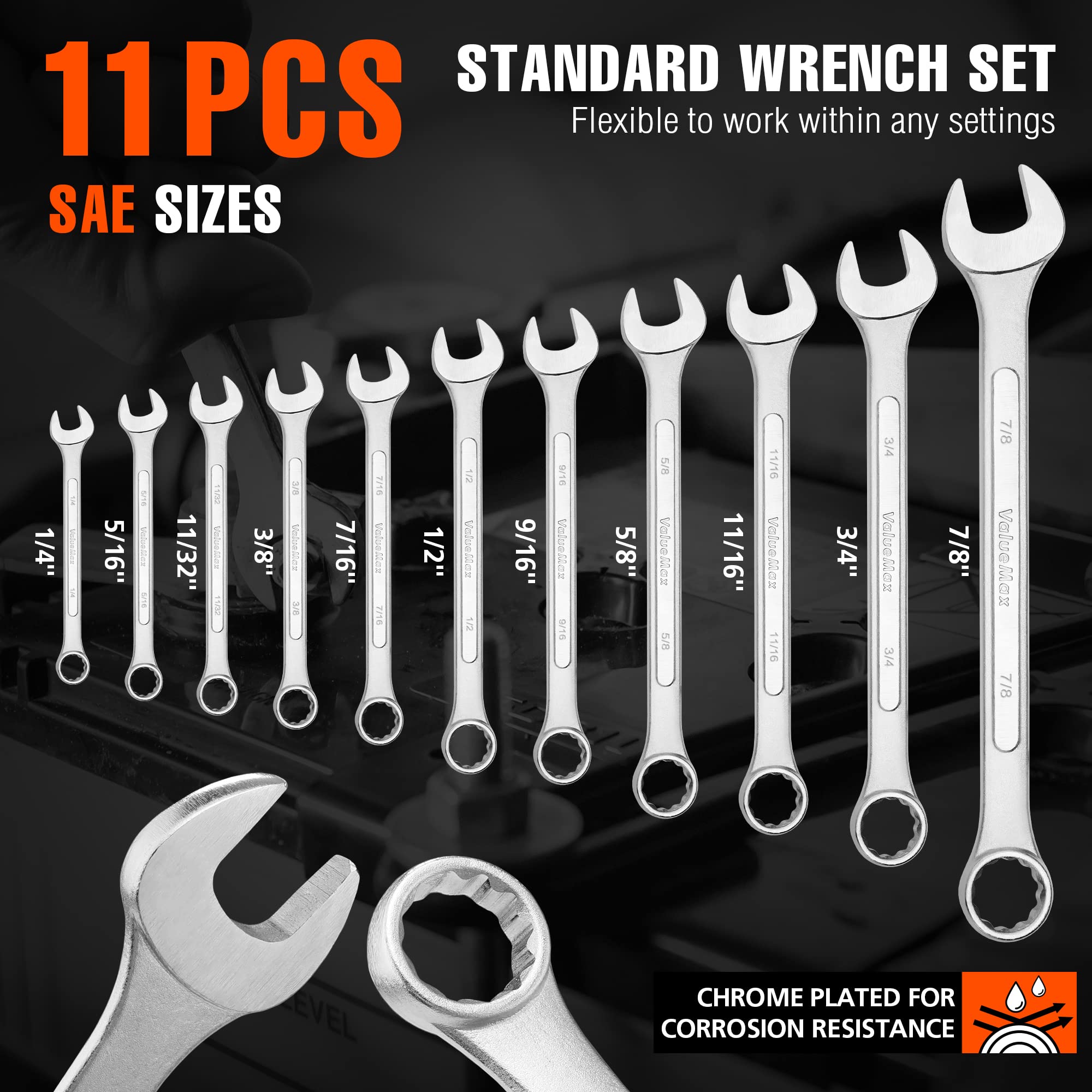 ValueMax SAE Combination Wrench Set, 11PCS Mechanic Wrenches from 1/4" to 7/8" with Rack Organizer, Open End and 12-Point Box End Wrench Mechanic Set, For General Household, Car Emergency