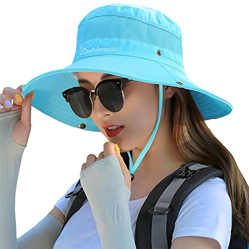 Women Breathable Sun Hat Beach Bucket Hat UV Protection Fishing Cap Quick-Dry Mesh Boonie Hat with Drawstring M/L Sky Blue