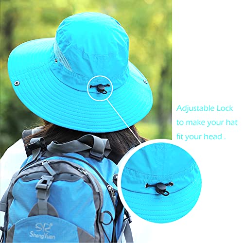 Women Breathable Sun Hat Beach Bucket Hat UV Protection Fishing Cap Quick-Dry Mesh Boonie Hat with Drawstring M/L Sky Blue