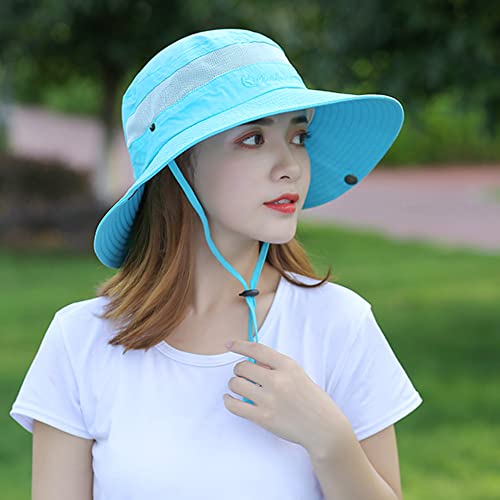 Women Breathable Sun Hat Beach Bucket Hat UV Protection Fishing Cap Quick-Dry Mesh Boonie Hat with Drawstring M/L Sky Blue