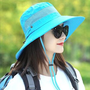 Women Breathable Sun Hat Beach Bucket Hat UV Protection Fishing Cap Quick-Dry Mesh Boonie Hat with Drawstring M/L Sky Blue