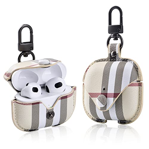 Pujuyeka Leather Luxury Case for AirPods 3rd Generation 2021 with Keychain,Designer Plaid Cute Airpod Charging Case Cover Aesthetic Lockable Protective Air Pod Skin Cover (AirPod 3rd Gen 2021 Beige)