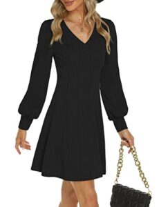 oyanus womens v neck long sleeve sweater dress fall latern sleeve knit flowy short mini skater dresses black l