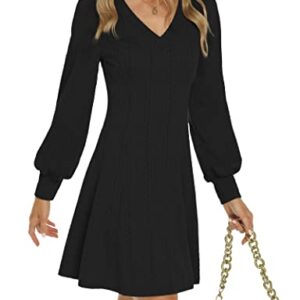 OYANUS Womens V Neck Long Sleeve Sweater Dress Fall Latern Sleeve Knit Flowy Short Mini Skater Dresses Black L