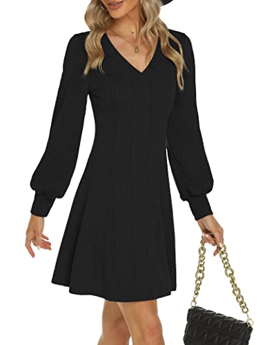 OYANUS Womens V Neck Long Sleeve Sweater Dress Fall Latern Sleeve Knit Flowy Short Mini Skater Dresses Black L