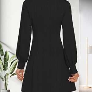 OYANUS Womens V Neck Long Sleeve Sweater Dress Fall Latern Sleeve Knit Flowy Short Mini Skater Dresses Black L