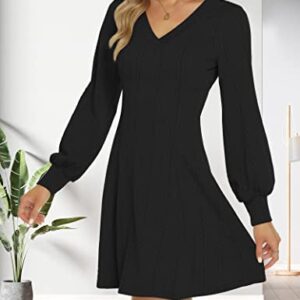 OYANUS Womens V Neck Long Sleeve Sweater Dress Fall Latern Sleeve Knit Flowy Short Mini Skater Dresses Black L