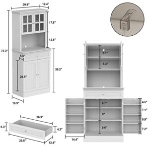 ECACAD Kitchen Pantry with 4 Doors, Drawer & Adjustable Shelves, Wood Storage Cabinet with Acrylic Doors, Freestanding Kitchen Cupboard Floor Cabinet for Living Room, White (29.9”W x 16.9”D x 72.3”H)