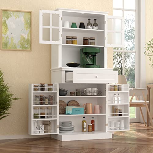 ECACAD Kitchen Pantry with 4 Doors, Drawer & Adjustable Shelves, Wood Storage Cabinet with Acrylic Doors, Freestanding Kitchen Cupboard Floor Cabinet for Living Room, White (29.9”W x 16.9”D x 72.3”H)