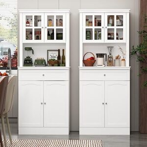 ECACAD Kitchen Pantry with 4 Doors, Drawer & Adjustable Shelves, Wood Storage Cabinet with Acrylic Doors, Freestanding Kitchen Cupboard Floor Cabinet for Living Room, White (29.9”W x 16.9”D x 72.3”H)