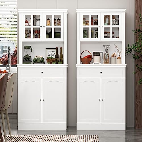 ECACAD Kitchen Pantry with 4 Doors, Drawer & Adjustable Shelves, Wood Storage Cabinet with Acrylic Doors, Freestanding Kitchen Cupboard Floor Cabinet for Living Room, White (29.9”W x 16.9”D x 72.3”H)