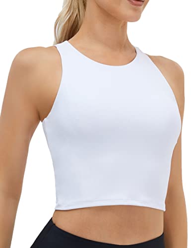 Women's High Neck Crop Top Sleeveless Racer Back Basic Workout Tank Tops Shirt White XL