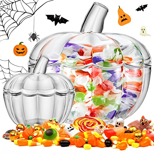 Tessco 2 Pcs 70oz Glass Pumpkin Candy Jar with Lid Halloween Pumpkin Jars Candy Bowl for Halloween Home Decoration(Clear, Large, Small)