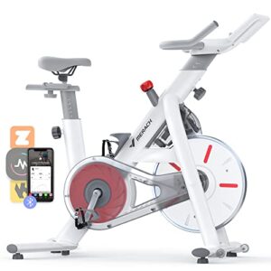 merach exercise bike, bluetooth stationary bike for home with magnetic resistance, indoor cycling bike with 350lbs weight capacity, ipad holder, tt, white