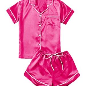 Verdusa Women's 2pc Palm Print Satin Nightwear Button Front Pajamas Set Hot Pink M