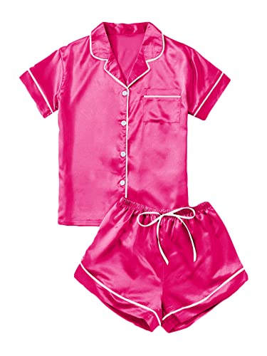 Verdusa Women's 2pc Palm Print Satin Nightwear Button Front Pajamas Set Hot Pink M