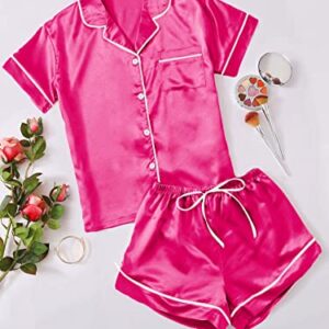 Verdusa Women's 2pc Palm Print Satin Nightwear Button Front Pajamas Set Hot Pink M