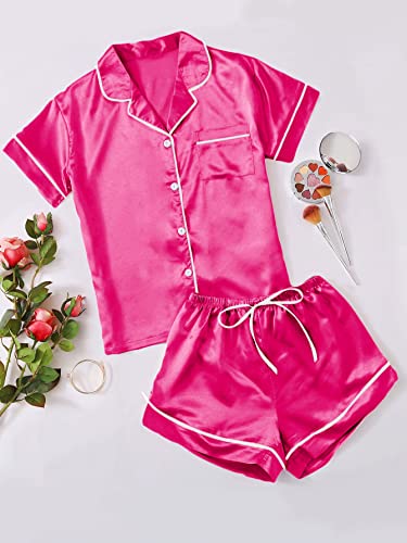 Verdusa Women's 2pc Palm Print Satin Nightwear Button Front Pajamas Set Hot Pink M