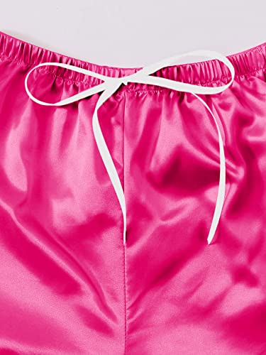 Verdusa Women's 2pc Palm Print Satin Nightwear Button Front Pajamas Set Hot Pink M