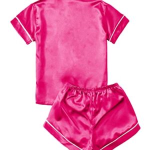 Verdusa Women's 2pc Palm Print Satin Nightwear Button Front Pajamas Set Hot Pink M