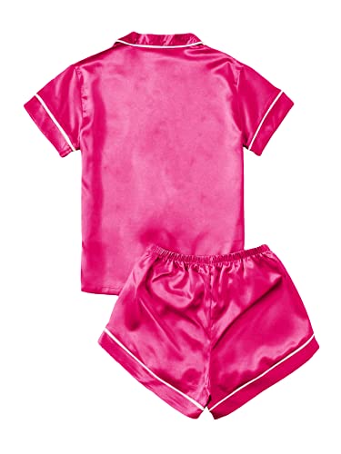 Verdusa Women's 2pc Palm Print Satin Nightwear Button Front Pajamas Set Hot Pink M