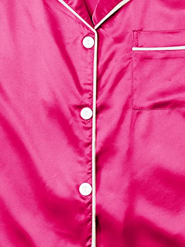 Verdusa Women's 2pc Palm Print Satin Nightwear Button Front Pajamas Set Hot Pink M