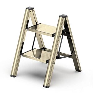 2 step ladder folding step stool with anti-slip sturdy and wide pedal, aluminum portable lightweight step stool for adults multi-use for home kitchen, gold, 330 lbs