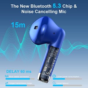 Wireless Earbud, Bluetooth 5.3 Earbud Stereo Bass, Bluetooth Headphones in Ear Noise Cancelling Mic, Earphones I-PX7 Waterproof Sports, 32H Playtime USB C Charging Case Blue Ear Buds for Android iOS