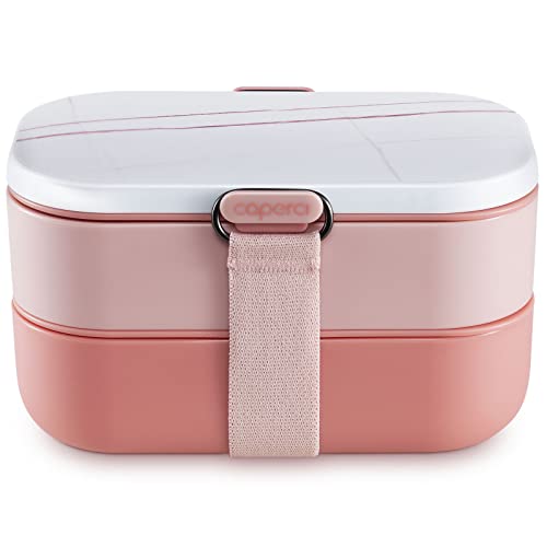 Caperci Modern Bento Lunch Box for Adult - 2 Layers Stackable Leak-proof Lunch Container for Adults & Older Kids, Original Sealing Strap, Built-in Divider & Utensil Set, Premium Materials (Pink)