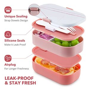 Caperci Modern Bento Lunch Box for Adult - 2 Layers Stackable Leak-proof Lunch Container for Adults & Older Kids, Original Sealing Strap, Built-in Divider & Utensil Set, Premium Materials (Pink)