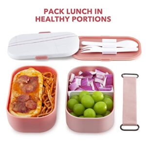 Caperci Modern Bento Lunch Box for Adult - 2 Layers Stackable Leak-proof Lunch Container for Adults & Older Kids, Original Sealing Strap, Built-in Divider & Utensil Set, Premium Materials (Pink)