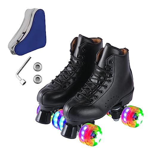 Ugboiu Roller Skates for Men and Women, Black Derby Roller Skates with 4 Shiny Wheel, Classic Double-Row Roller Skates for Indoor and Outdoor