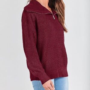 KIRUNDO Women's 2023 Fall Winter Long Sleeve Quarter Zip Pullover Casual V Neck Ribbed Knit Sweaters Jumper Tops(Wine Red, Medium)