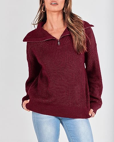 KIRUNDO Women's 2023 Fall Winter Long Sleeve Quarter Zip Pullover Casual V Neck Ribbed Knit Sweaters Jumper Tops(Wine Red, Medium)