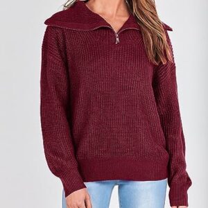 KIRUNDO Women's 2023 Fall Winter Long Sleeve Quarter Zip Pullover Casual V Neck Ribbed Knit Sweaters Jumper Tops(Wine Red, Medium)