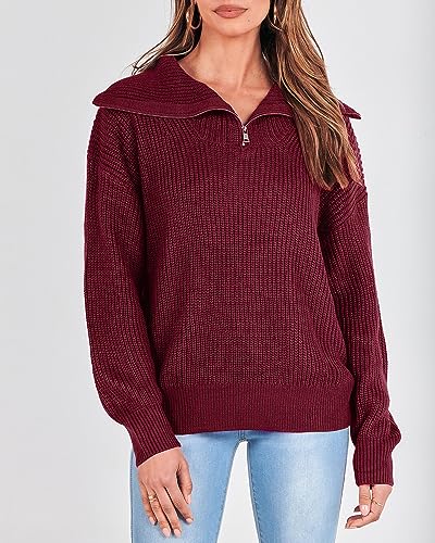 KIRUNDO Women's 2023 Fall Winter Long Sleeve Quarter Zip Pullover Casual V Neck Ribbed Knit Sweaters Jumper Tops(Wine Red, Medium)