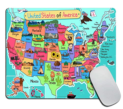 Map of The United States Mouse Pad, Cartoon Fun Facts Geography USA Map Mouse Pad Mouse Mat Square Mouse Pad Non Slip Rubber Base MousePads for Office Laptop, 9.5"x7.9"x0.12" Inch