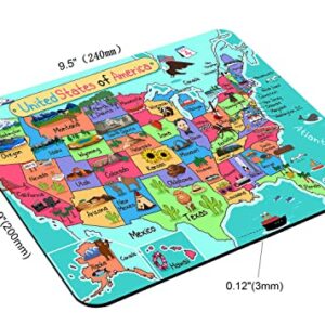 Map of The United States Mouse Pad, Cartoon Fun Facts Geography USA Map Mouse Pad Mouse Mat Square Mouse Pad Non Slip Rubber Base MousePads for Office Laptop, 9.5"x7.9"x0.12" Inch