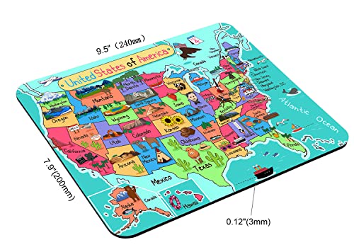 Map of The United States Mouse Pad, Cartoon Fun Facts Geography USA Map Mouse Pad Mouse Mat Square Mouse Pad Non Slip Rubber Base MousePads for Office Laptop, 9.5"x7.9"x0.12" Inch