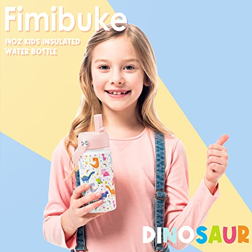 Fimibuke Kids Insulated Water Bottle - 14oz BPA-FREE 18/8 Stainless Steel Travel Tumbler Double Wall Vacuum Leak Proof Kids Cup with Straw Metal Bottle for School Boys Girls(1 Pack, WHITE DINOSAUR)