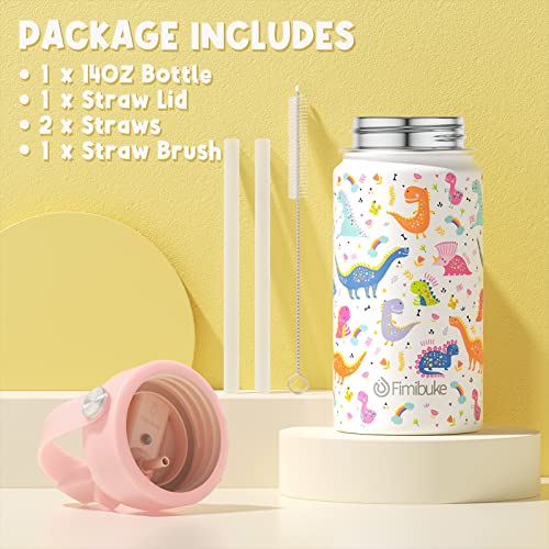 Fimibuke Kids Insulated Water Bottle - 14oz BPA-FREE 18/8 Stainless Steel Travel Tumbler Double Wall Vacuum Leak Proof Kids Cup with Straw Metal Bottle for School Boys Girls(1 Pack, WHITE DINOSAUR)